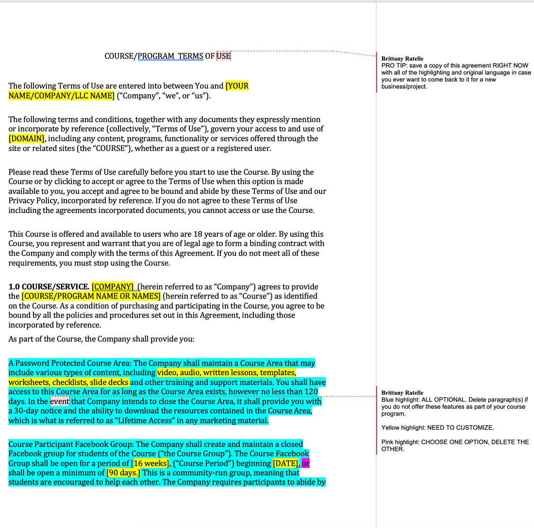 Online Course Terms of Use/TOU Template – Creative Contracts